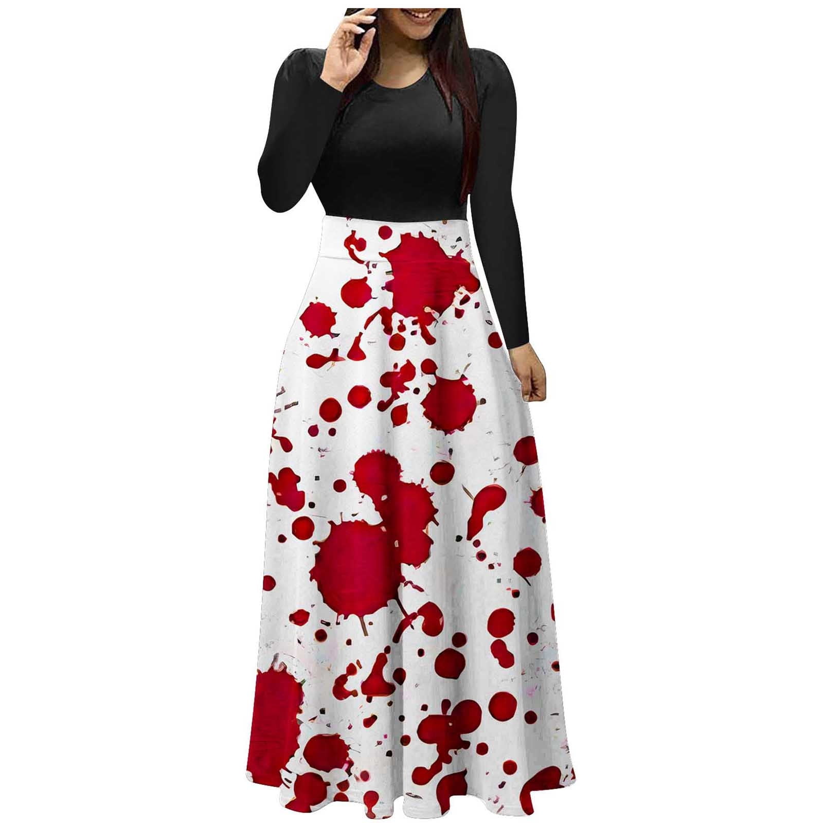 PXLKNZH Halloween Dresses for Women Blood Print Long Sleeve Maxi Dress ...