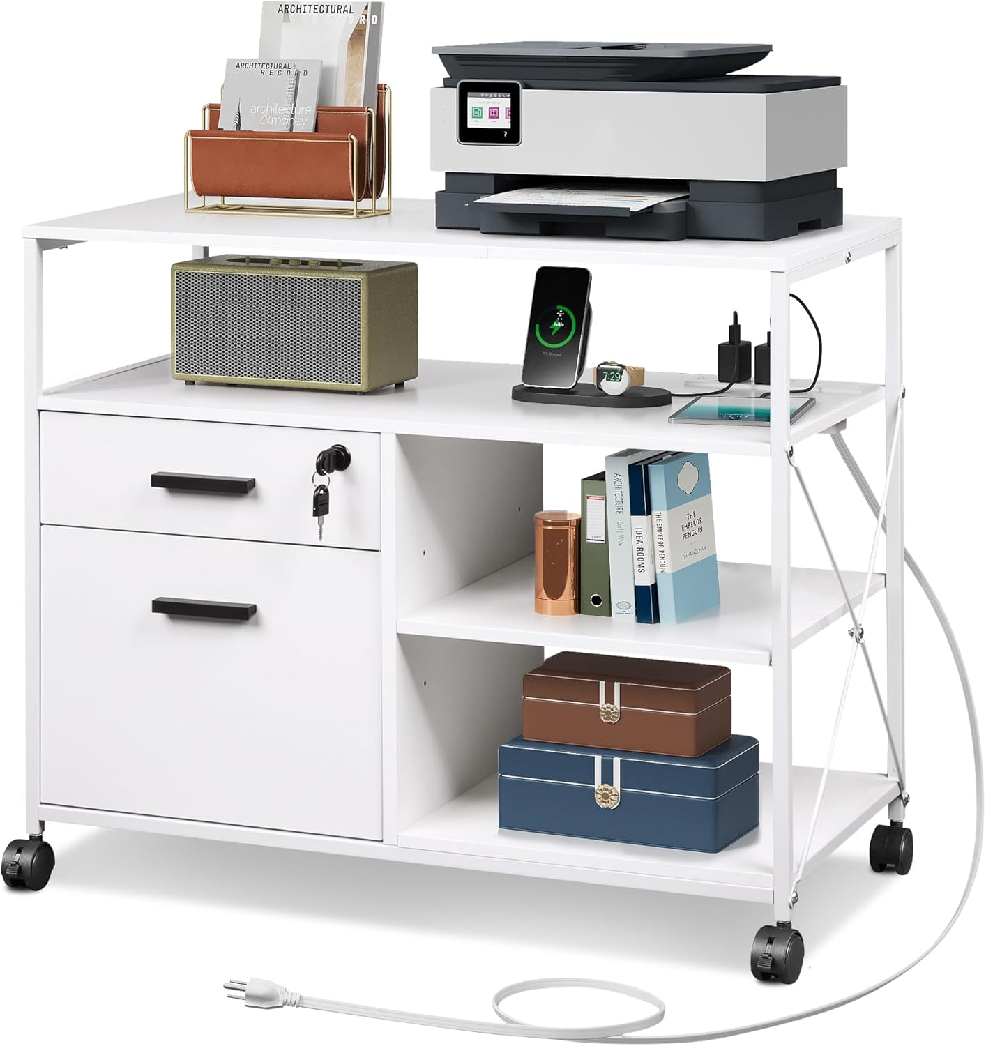 PXXOO 2 Drawer Locking File Cabinet with Charging Station, Rolling ...