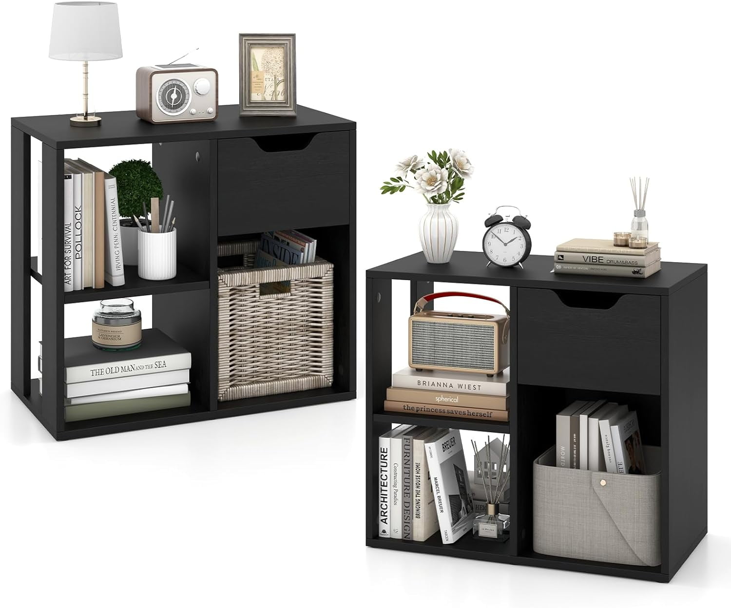 PXXOO 3-Cube Bookshelf with Drawer Set of 2, 2-Tier Open Shelf Bookcase ...
