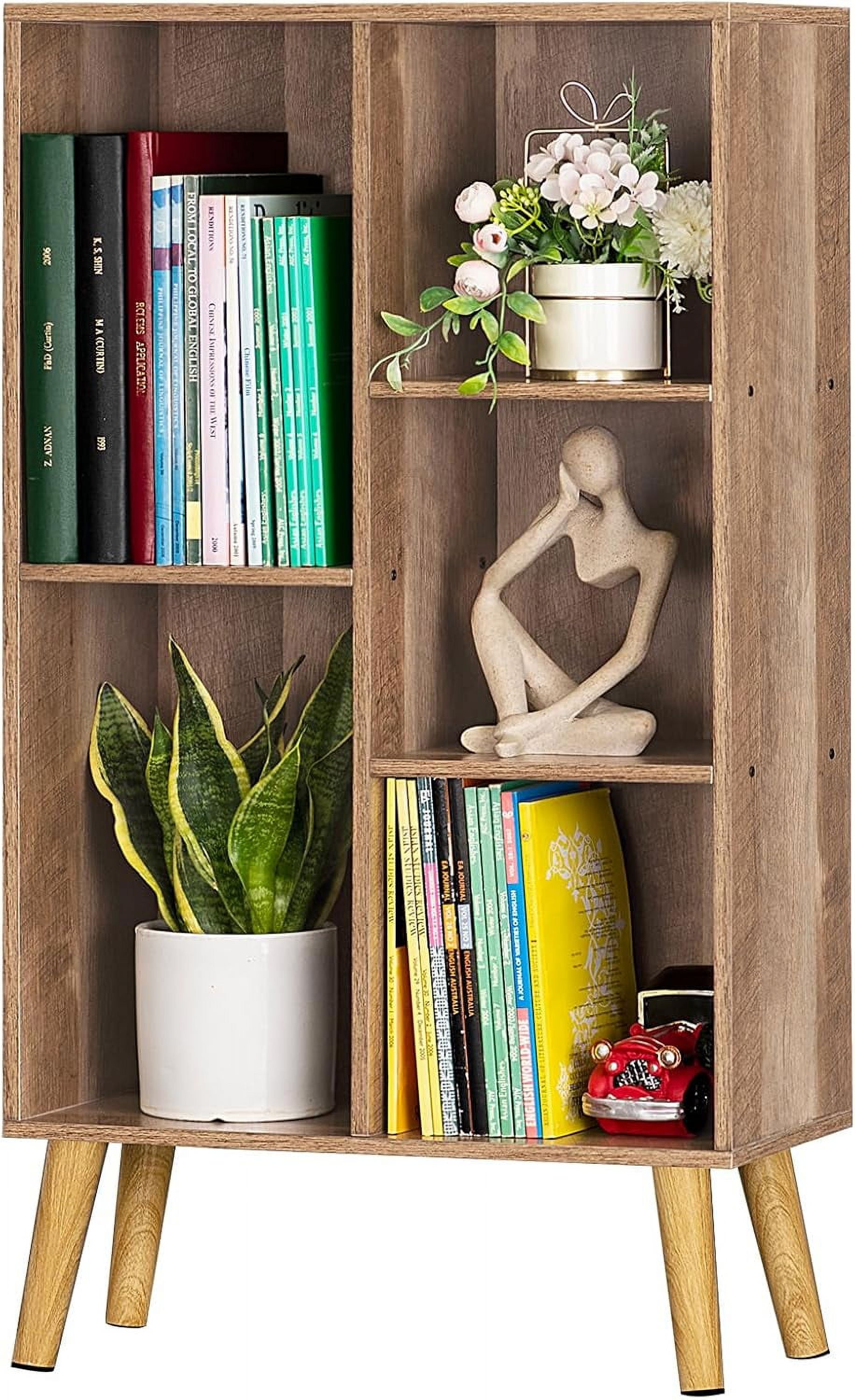 PXXOO 5 Cube Small Bookshelf,3 Tier Mid-Century Bookcase with Legs,Wood ...