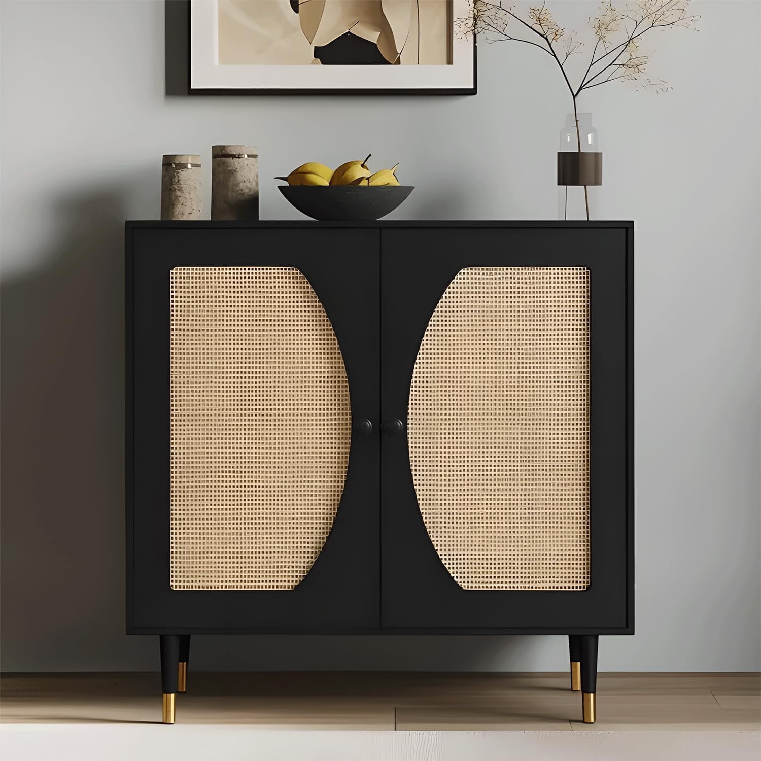 PXXOO Black Rattan Buffet Cabinet with Storage, Black Sideboard Cabinet ...