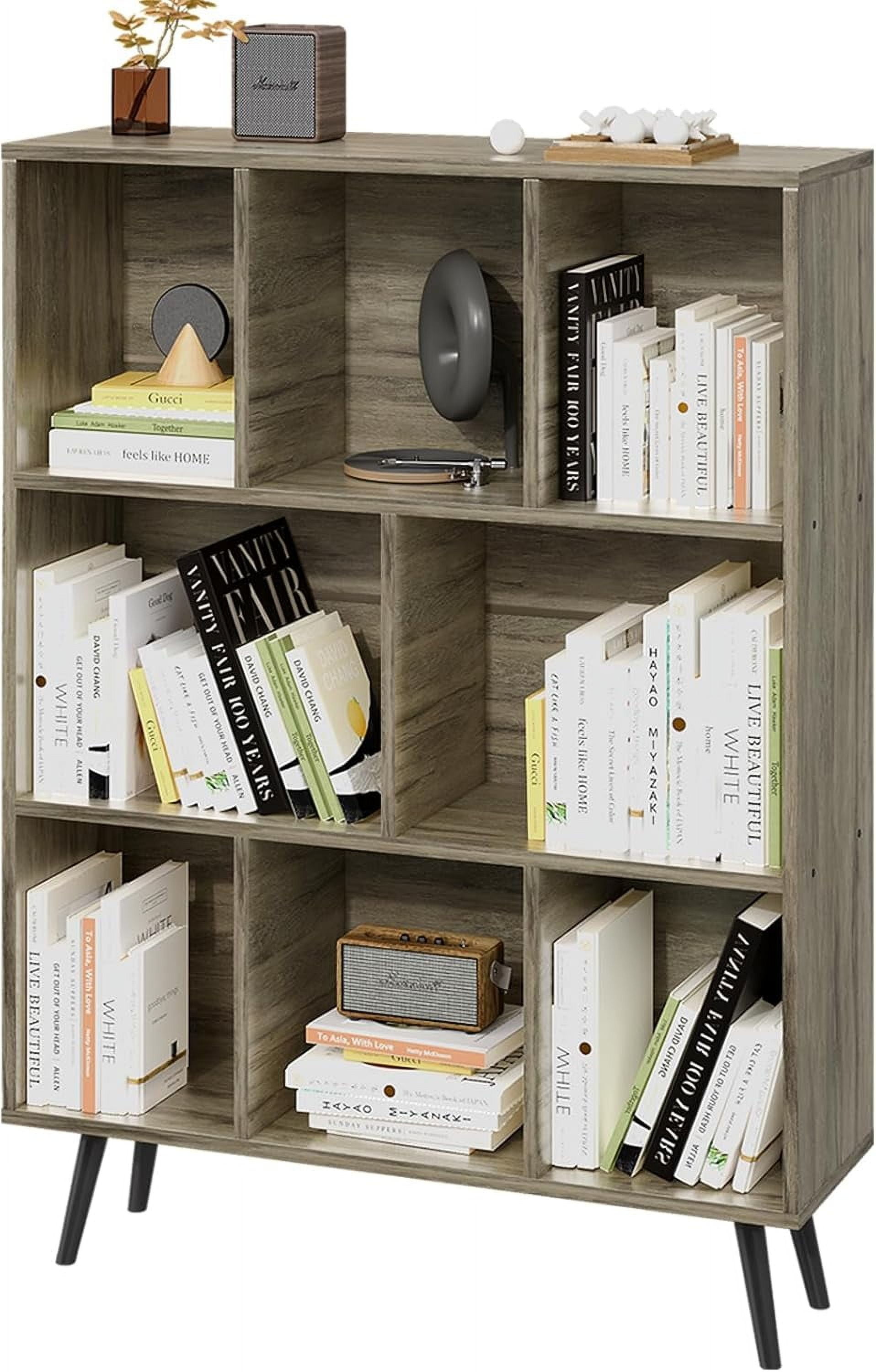 PXXOO Bookshelf, 3-Tier 8 Cube Open Wooden Book Shelf with Legs, Floor ...
