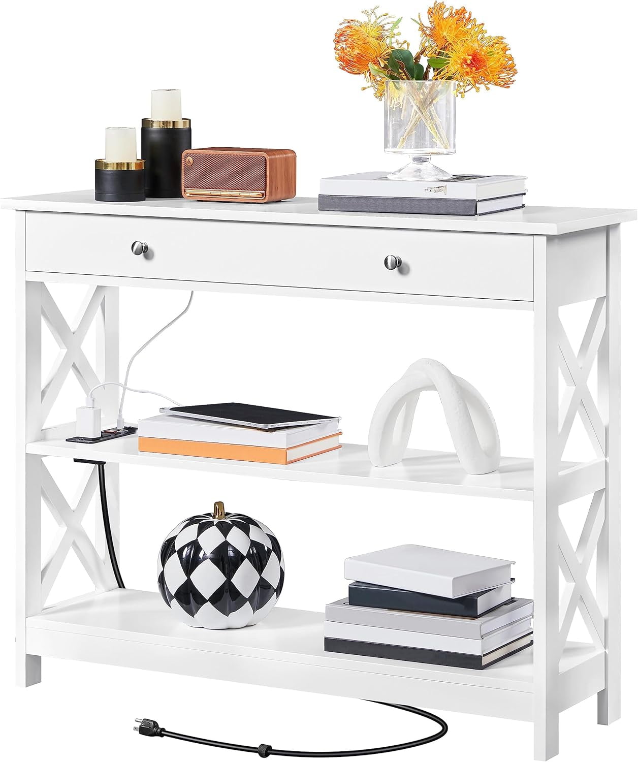 PXXOO Entryway Table with Drawer, Wood Console Table with Outlets and ...