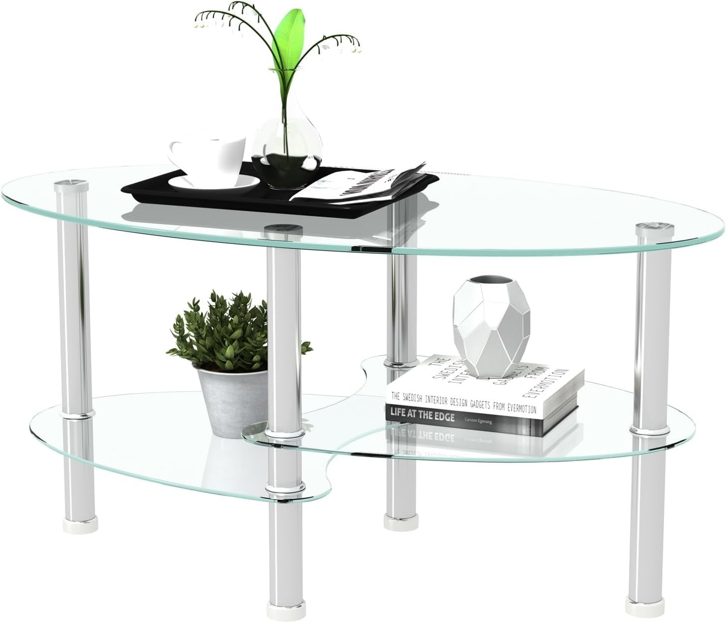 PXXOO Oval Glass Coffee Table Glass Tabletop Cocktail Table with Silver ...