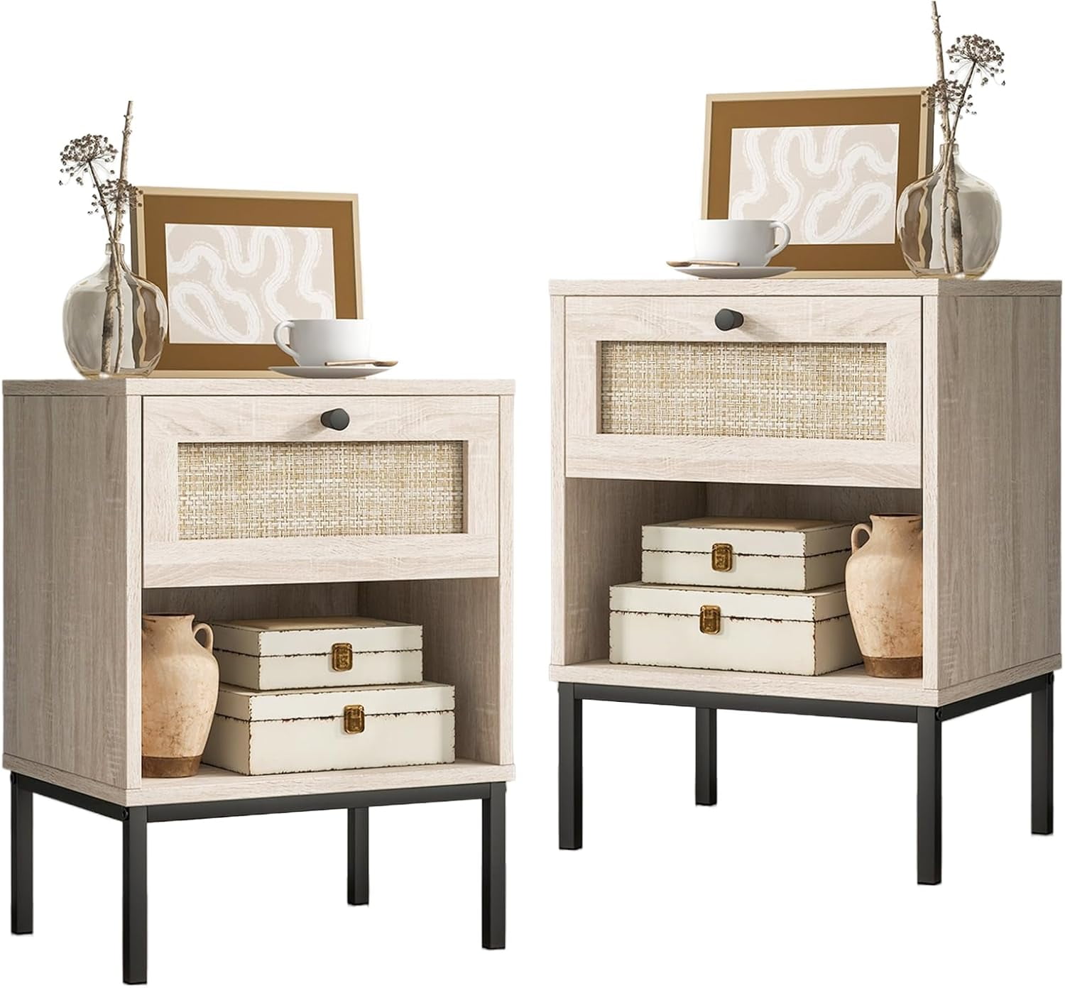 PXXOO Rattan Nightstands Set of 2, Boho Bedside Table with Pull-Out ...