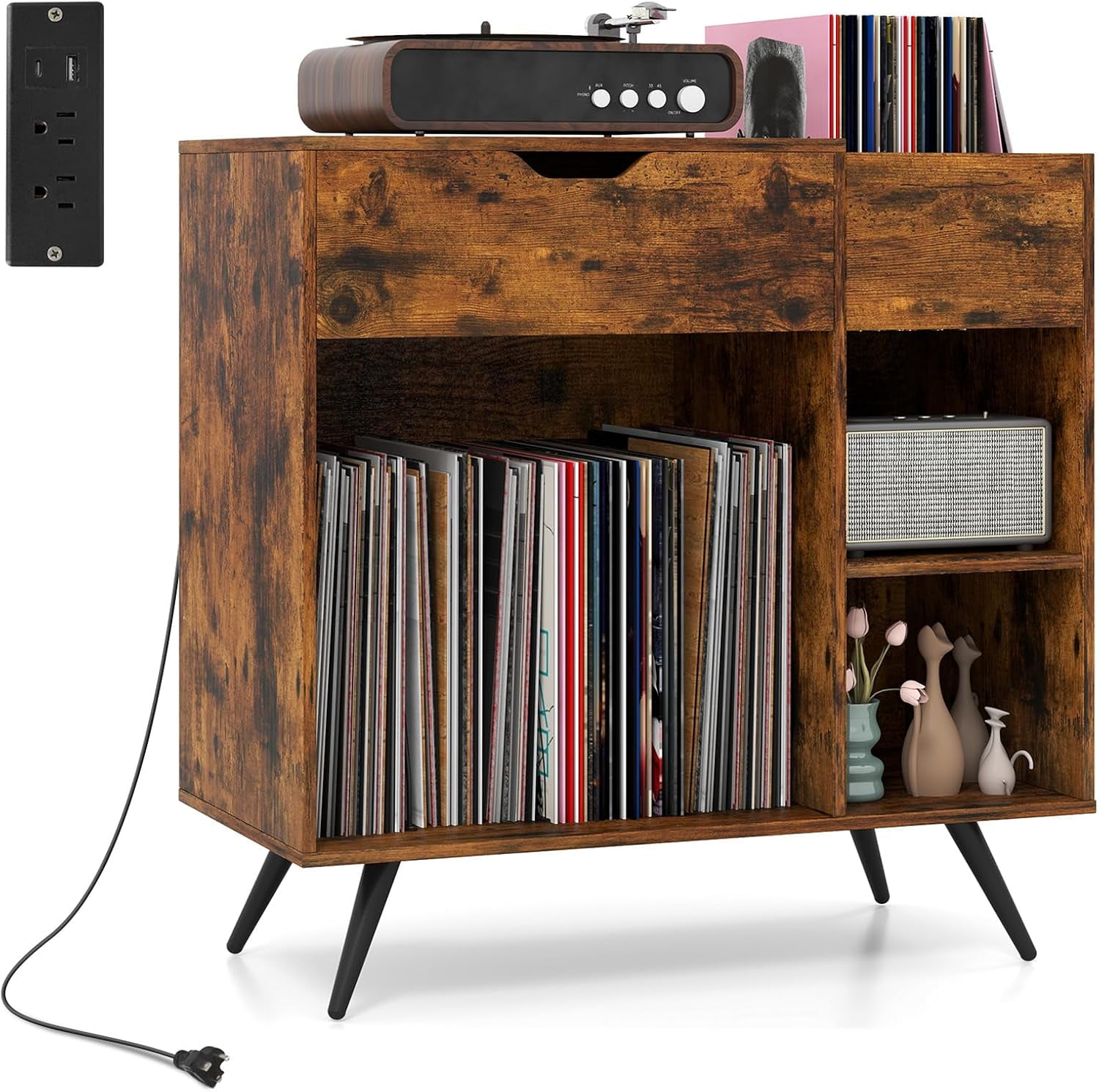 PXXOO Record Player Stand with Charging Station, Vinyl Record Holder ...