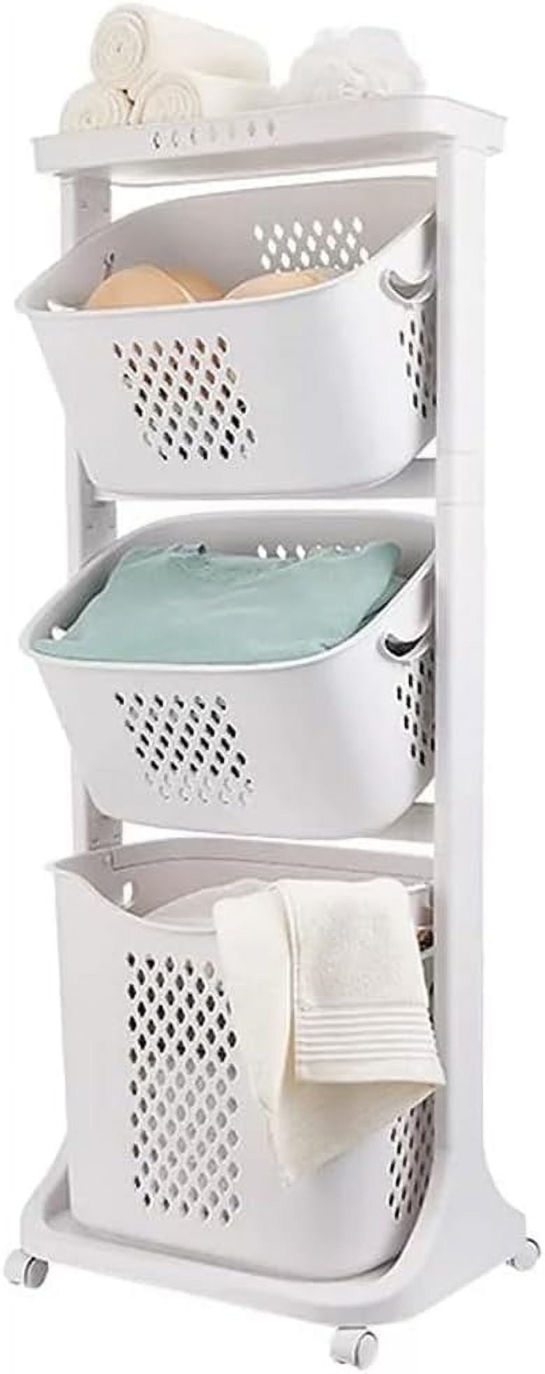PXXOO Rolling Laundry Hamper Cart with Wheels, 3 Tier White Laundry ...