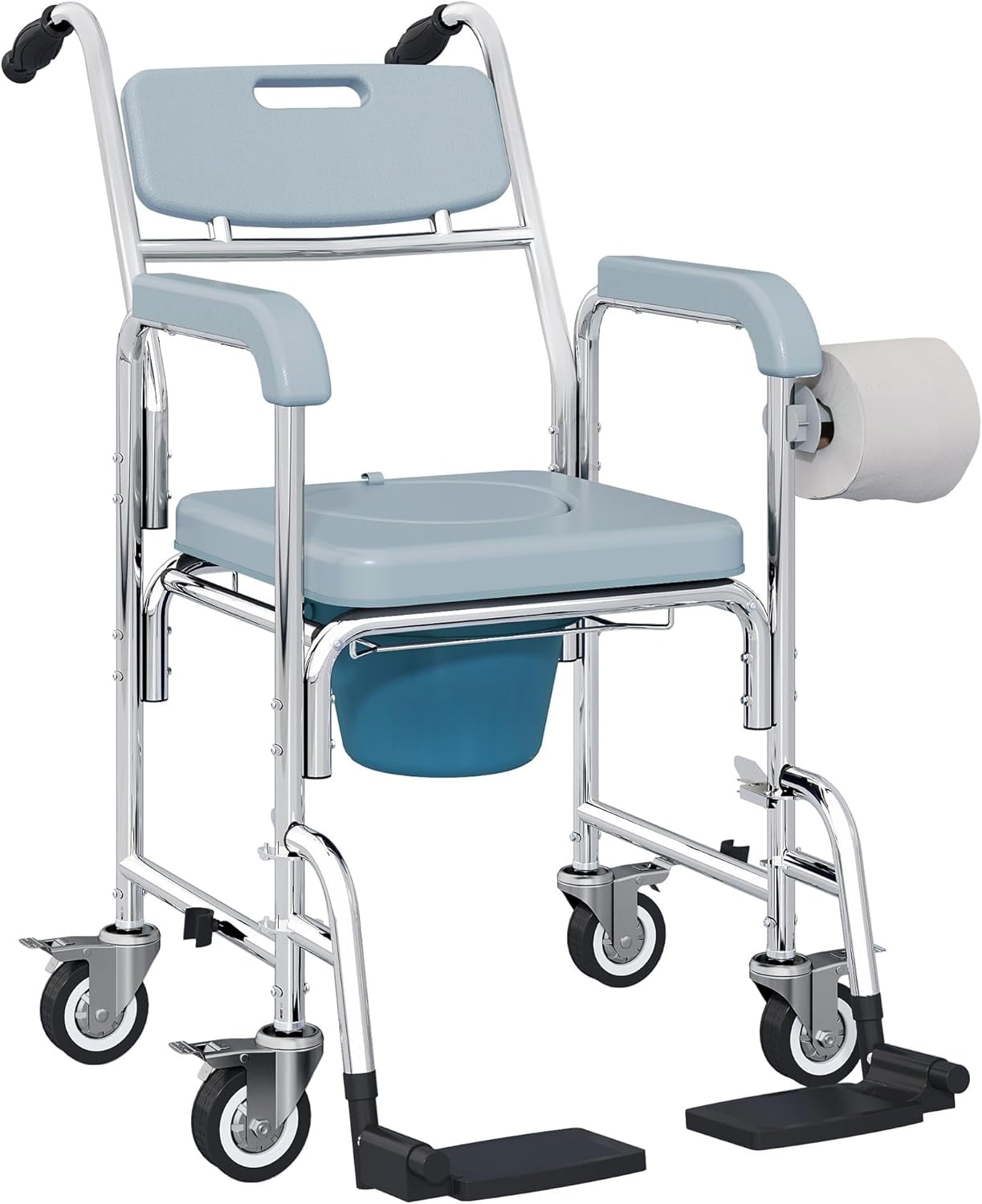 PXXOO Shower Chair with Wheels 4 in 1, Bedside Commode Wheelchair with ...