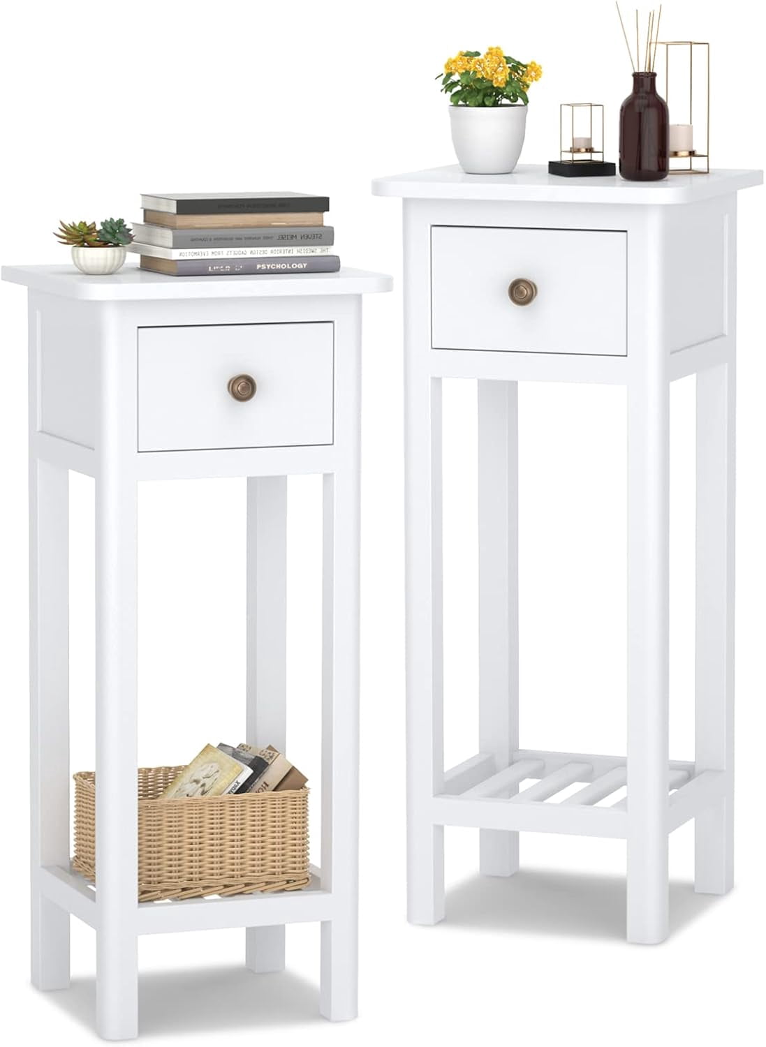 PXXOO Tall End Table, Narrow Side Table with Drawer and Shelf, Acacia ...