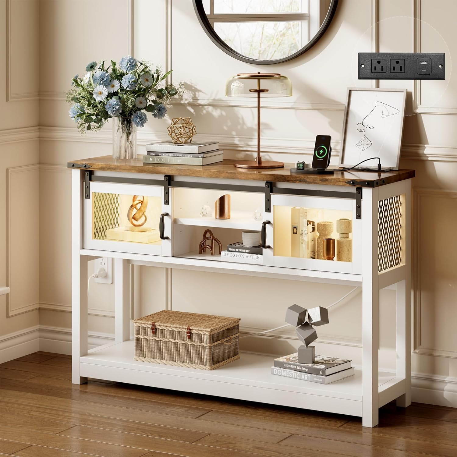 PXXOO Visual Console Table with Power Outlets, 46" Farmhouse Entryway ...