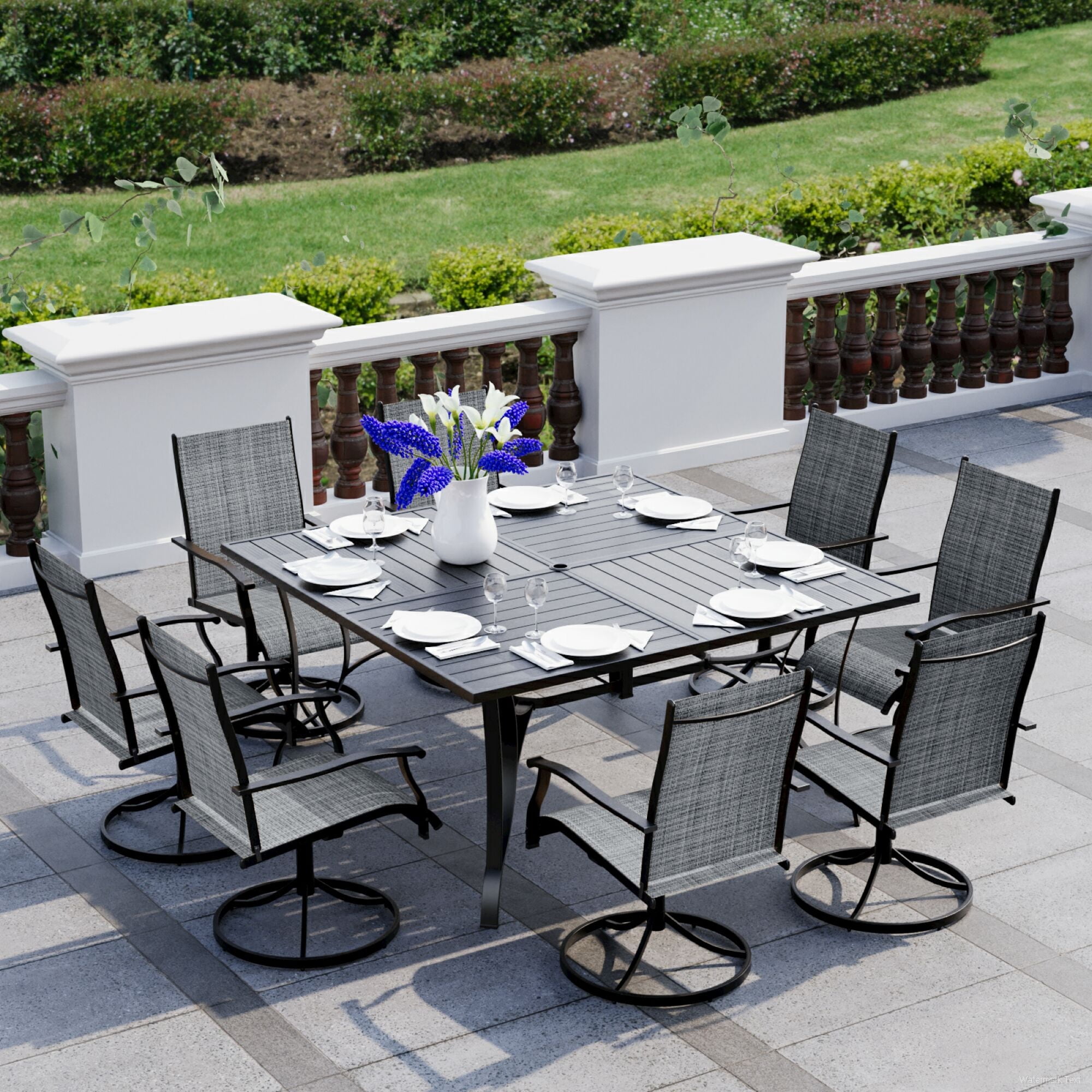 PXZEE 9-Piece Outdoor Patio Dining Set with 8 Wicker Swivel Rocker ...