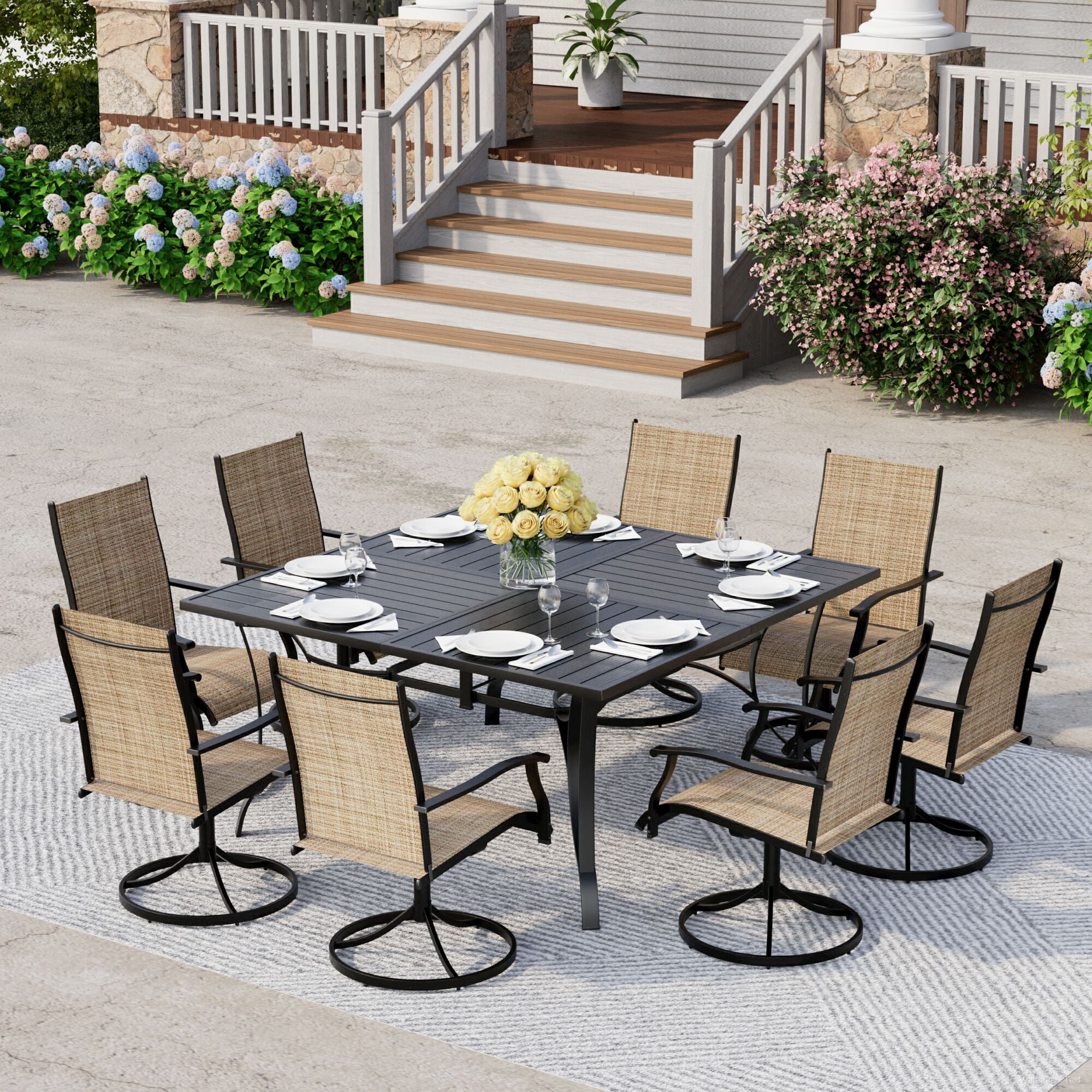PXZEE 9-Piece Outdoor Patio Dining Set with 8 Wicker Swivel Rocker ...
