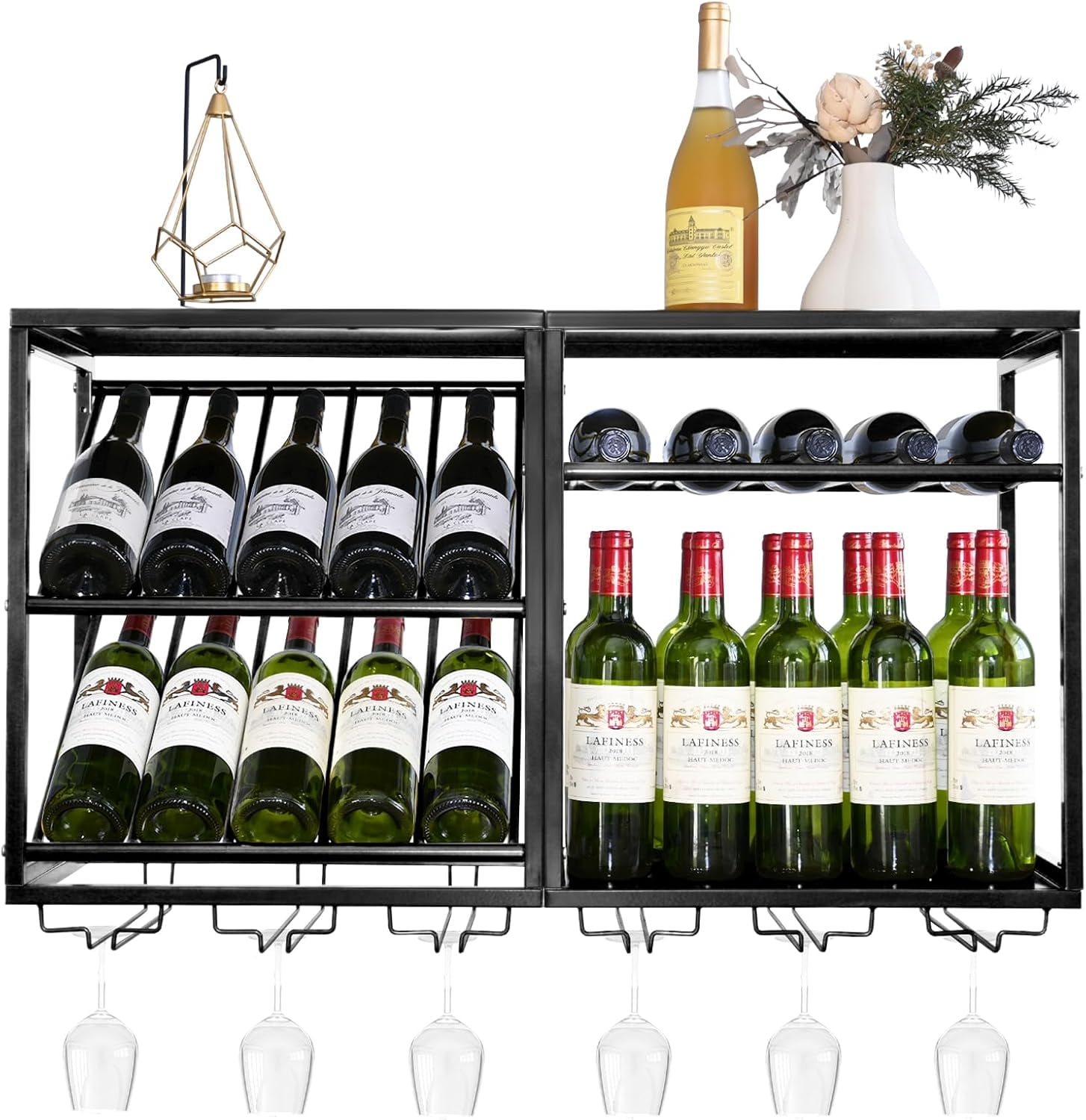 PY Wall Mounted Wine Rack - 20 Bottles Black Wall Wine Rrack with 6 ...
