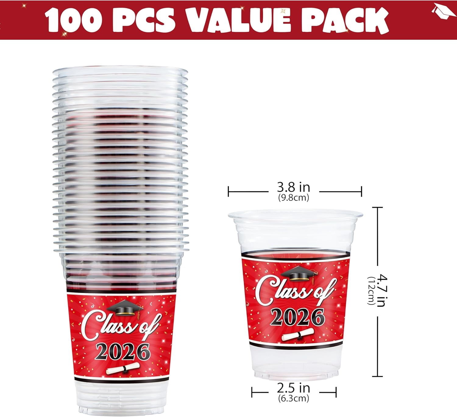 PYAN-100 Pcs 16oz Graduation Party Plastic Cups (Red), Grad Disposable ...