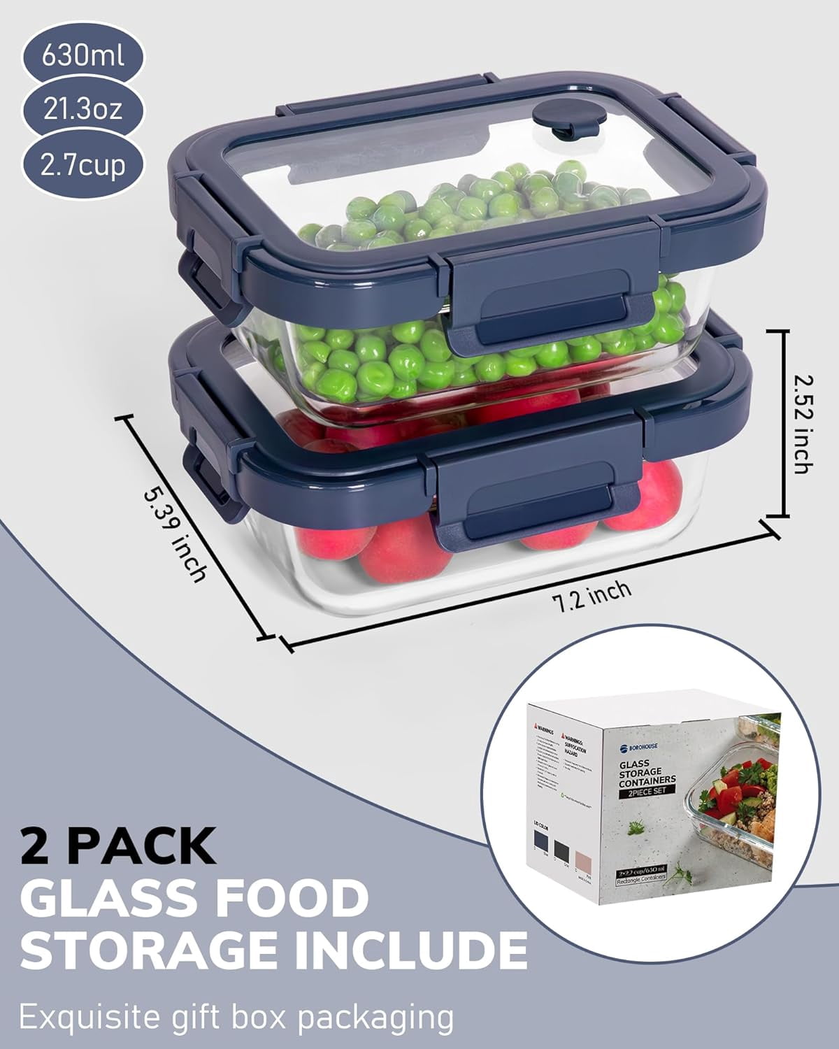 PYAN-2-Pack Glass Food Storage Containers with Tempered Lids (21.3oz/2 ...