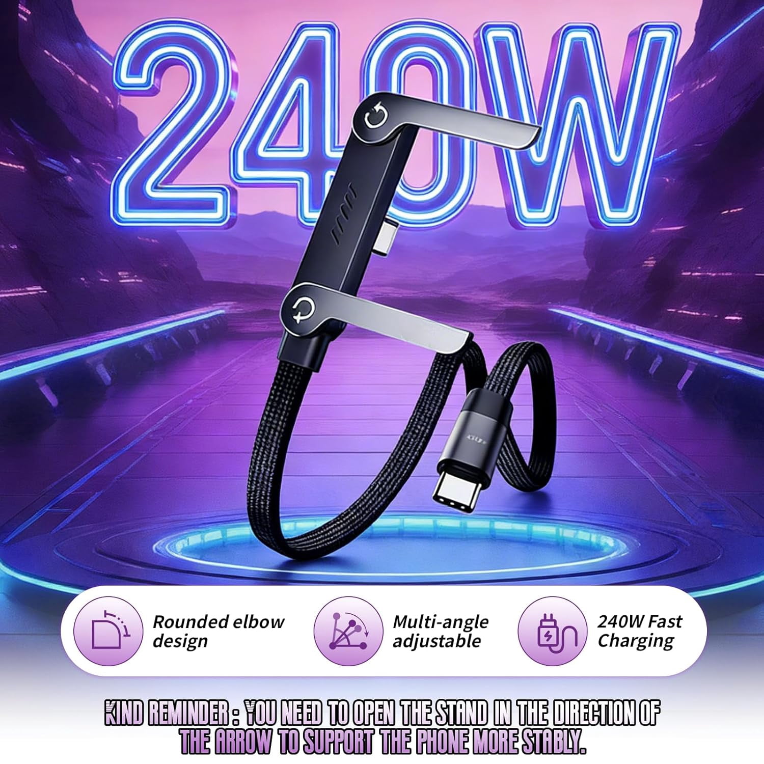 PYAN-240W Braided Fast Charge Cable with Built-in Phone Stand, Portable ...