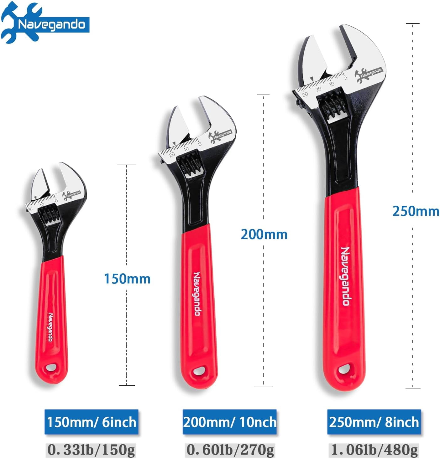 PYAN-Adjustable Wrench Set 3-Piece (6, 8, 10 Inch), Heavy Duty Forged ...