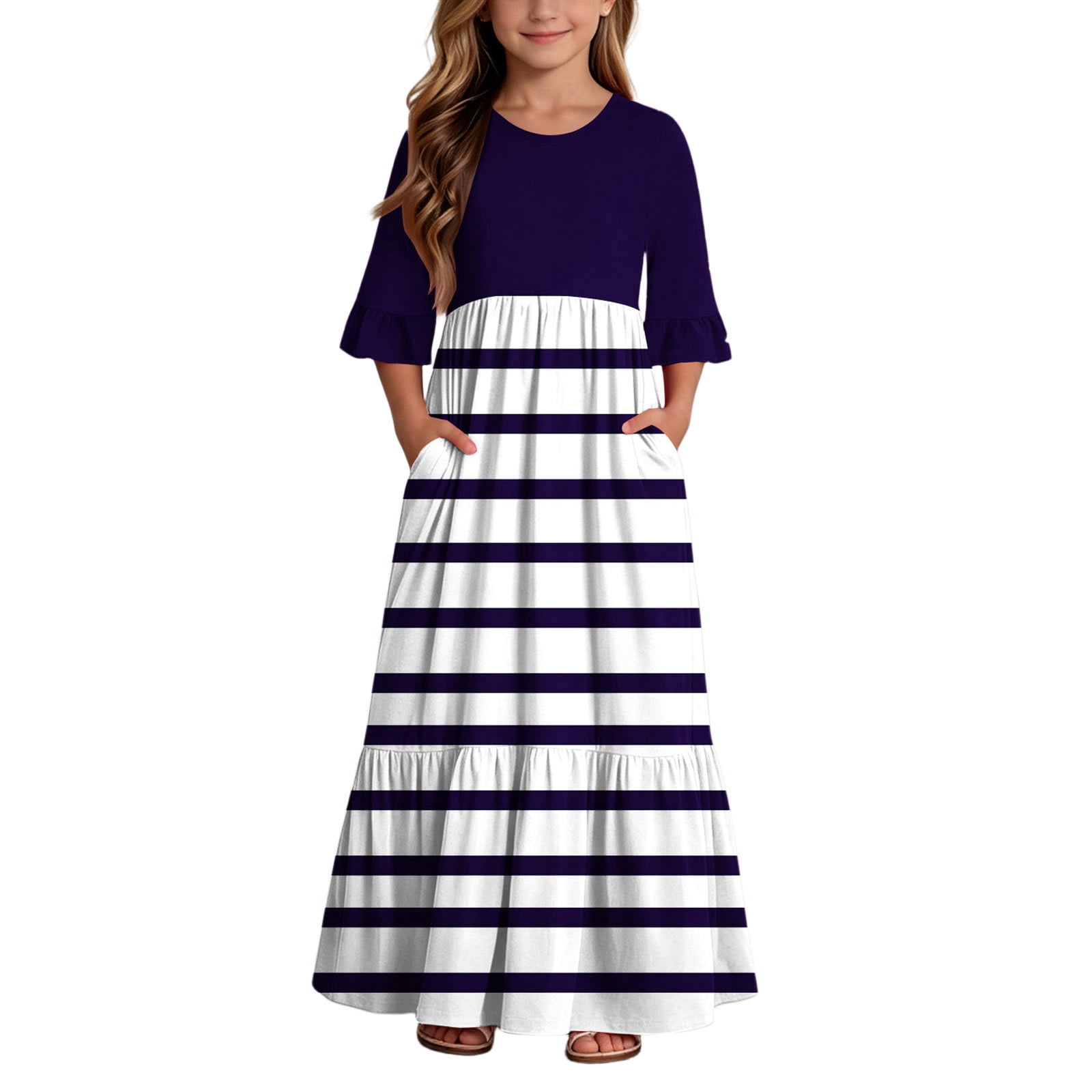 PYGNJK Girls Polka Dot Maxi Dress Elbow Sleeve Tiered Casual Swing ...