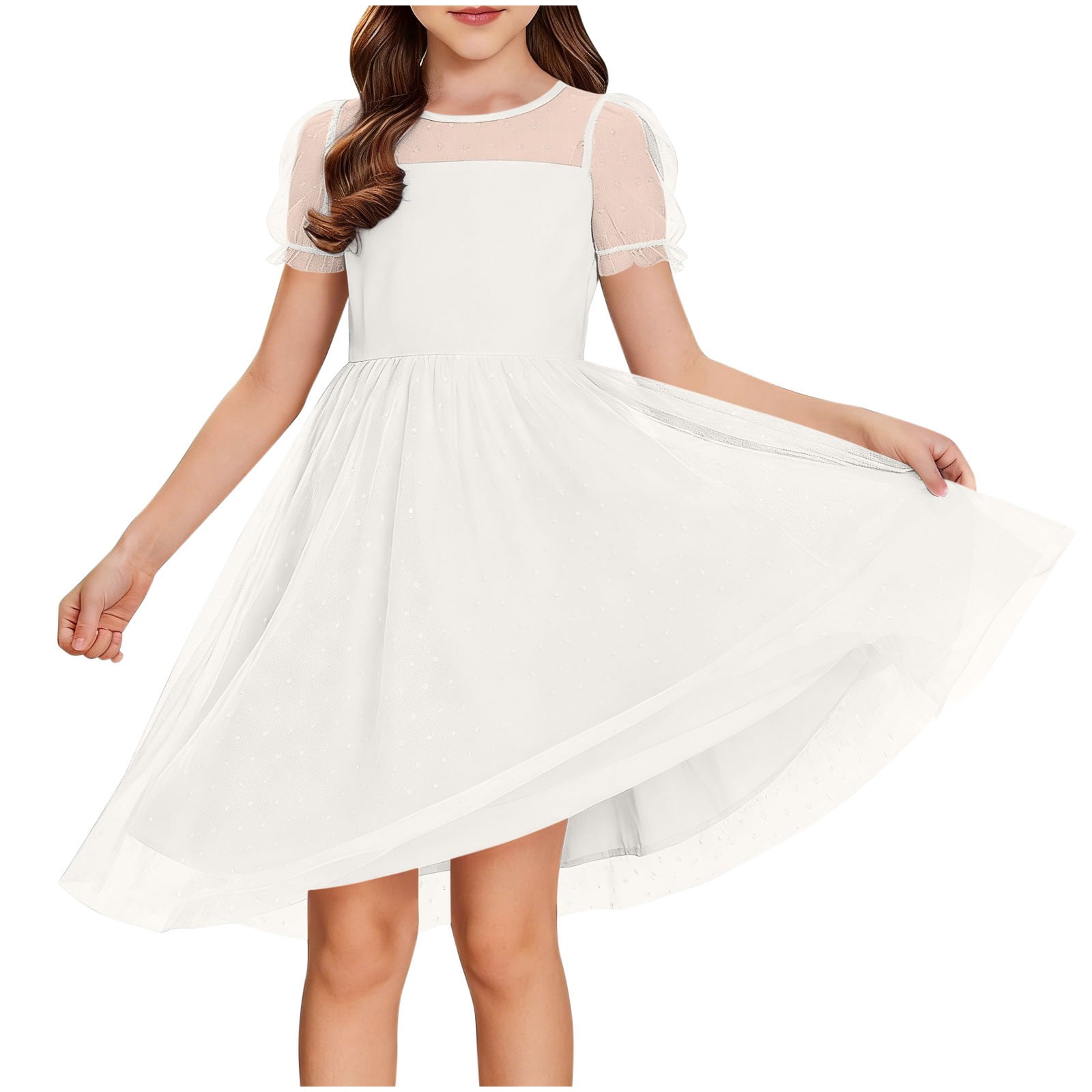 PYGNJK Girls Polka Dot Mesh Dress Puff Sleeve Elegant Tulle A-Line ...