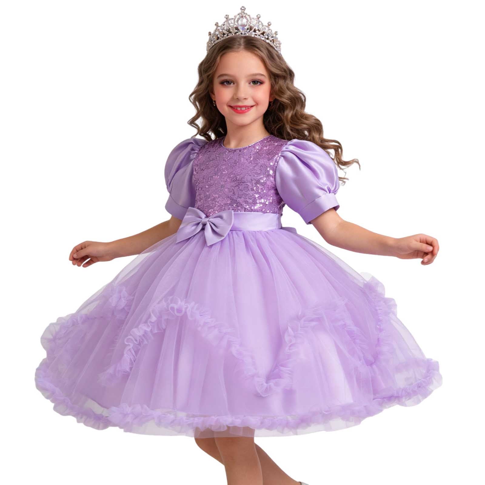 PYGNJK Girls Sequin Dress Summer Puff Sleeve Tulle Princess Dress Bow ...