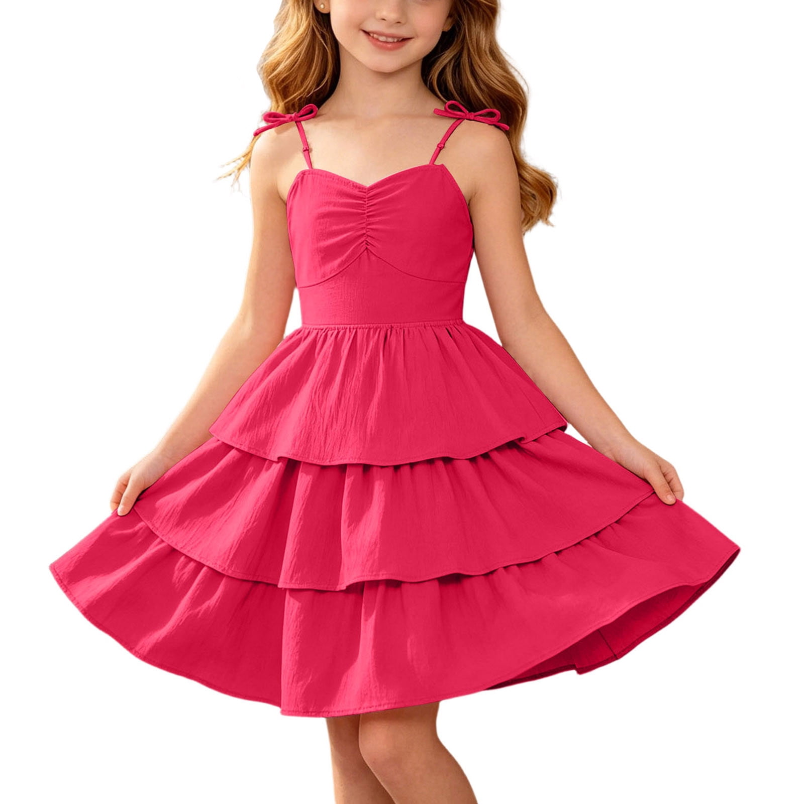PYGNJK Girls Spaghetti Strap Dress Tie-Shoulder Tiered Ruffle Hem Swing ...