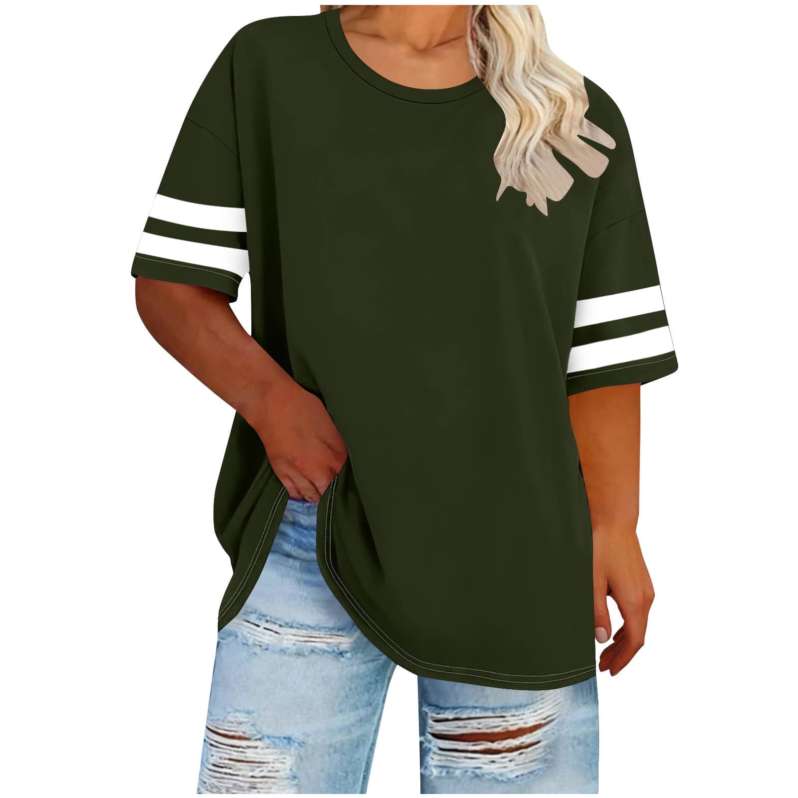 PYGNJK Women's Plus Size Short Sleeve T-Shirt Loose Fit Color Block ...