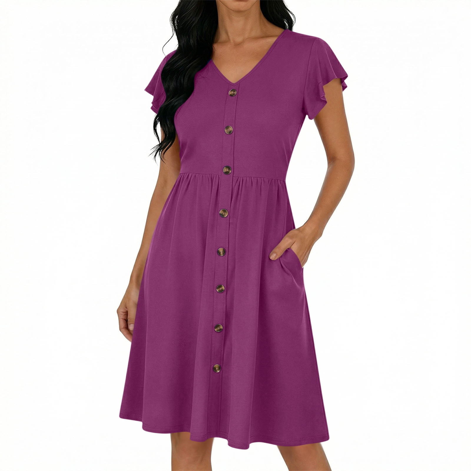 PYGNJK Women's Shirt Summer Dresses V Neck Button Down Ruffle Short ...