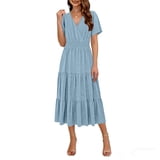 PYGNJK Women's Short Sleeve Midi Dress V Neck Smocked Waist Tiered ...
