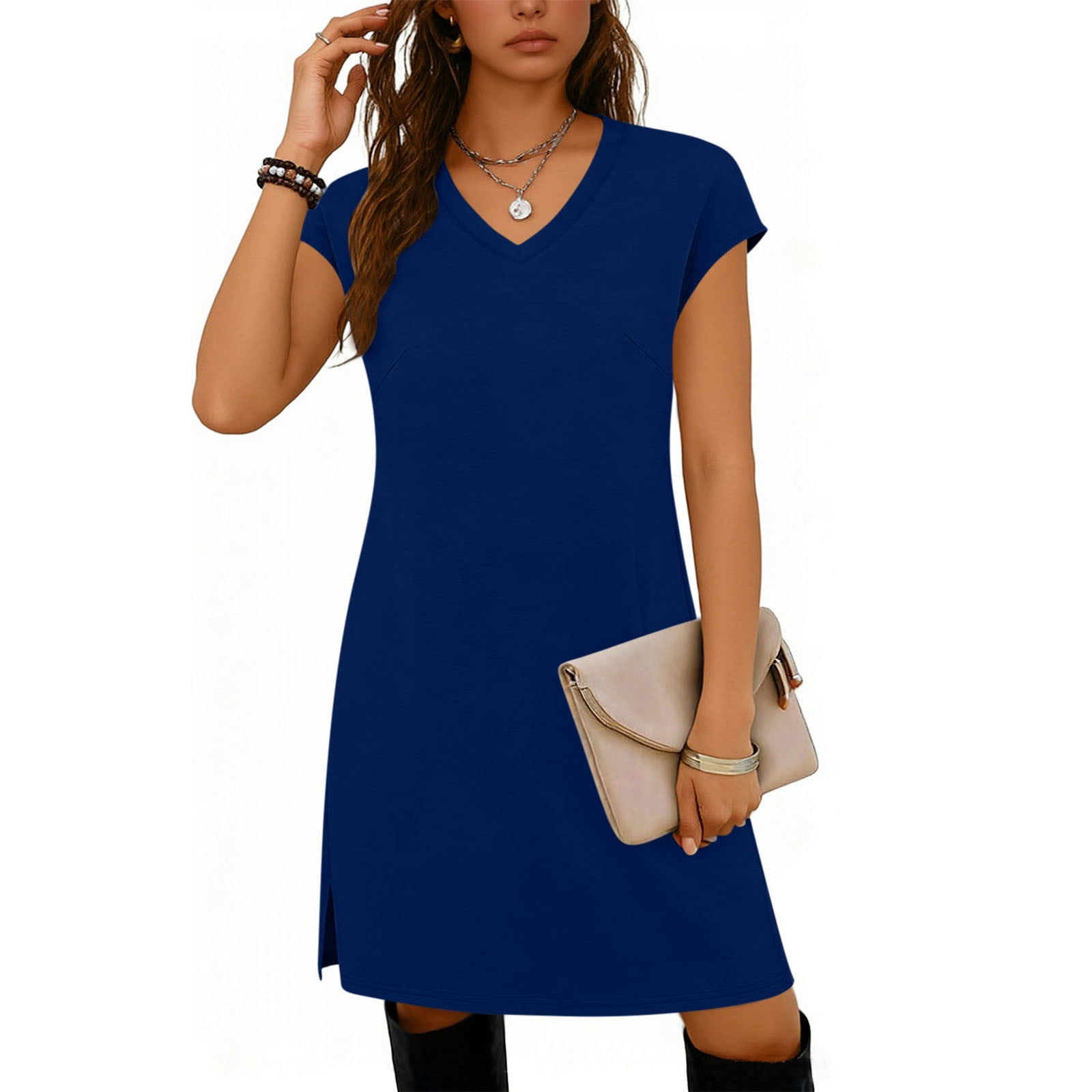 PYGNJK Women's Summer Mini Dress V-Neck Cap Sleeve A-Line Casual Short ...