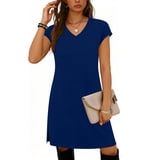 PYGNJK Women's Summer Mini Dress V-Neck Cap Sleeve A-Line Casual Short ...