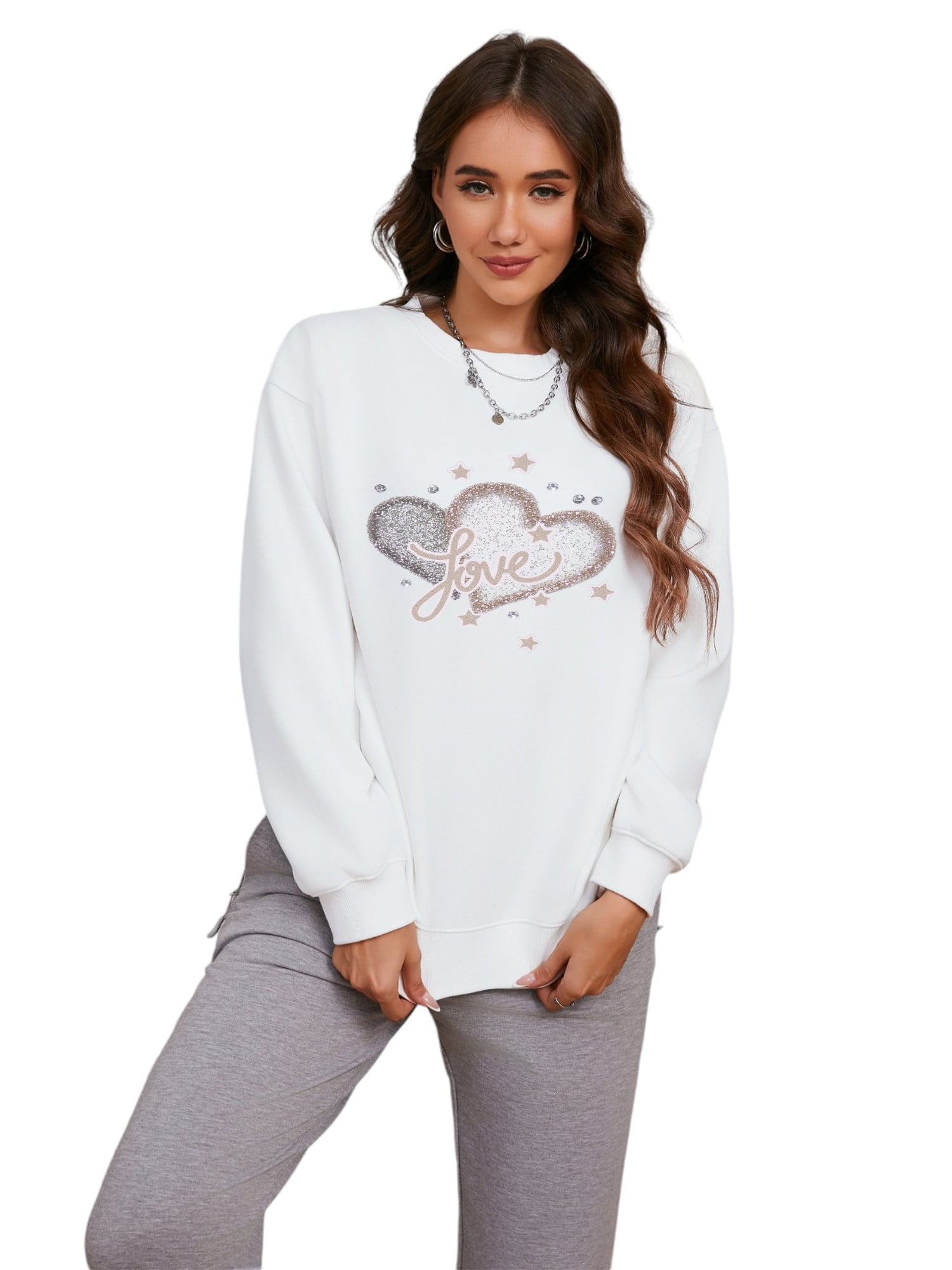 PYL Women's Tops Long Sleeve Round Neck Thicken Warm Love Heart Print ...