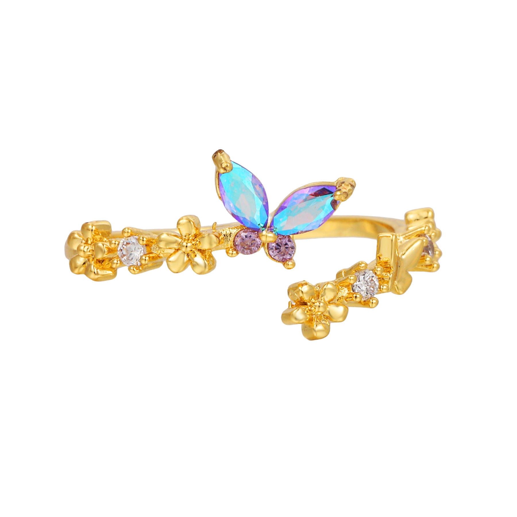 PYNZY Butterfly Open Rings Adjustable Finger 14K Gold Plated Flower ...