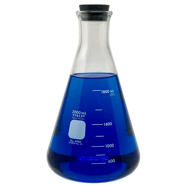 PYREX #4980-2L, 2000ml Narrow Mouth Erlenmeyer Flask with Rubber ...