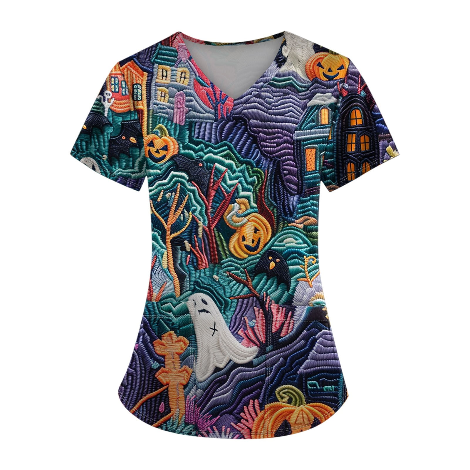 PYUEXIA Halloween Scrub Tops Plus Size For Women Ghost Print Short ...