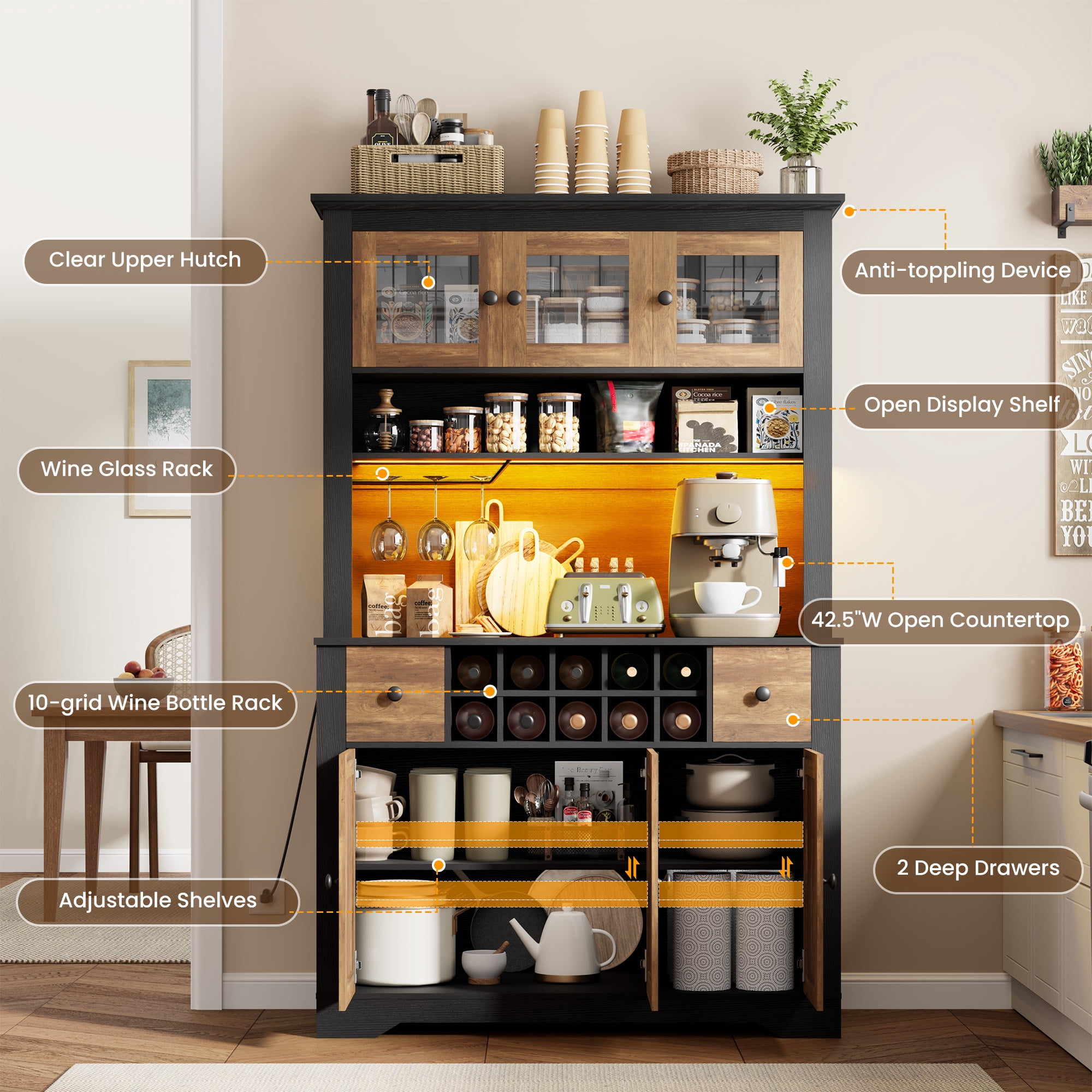 PYY 68.7" Pantry Cabinet with LED Light, Charging Station, Wine Rack ...