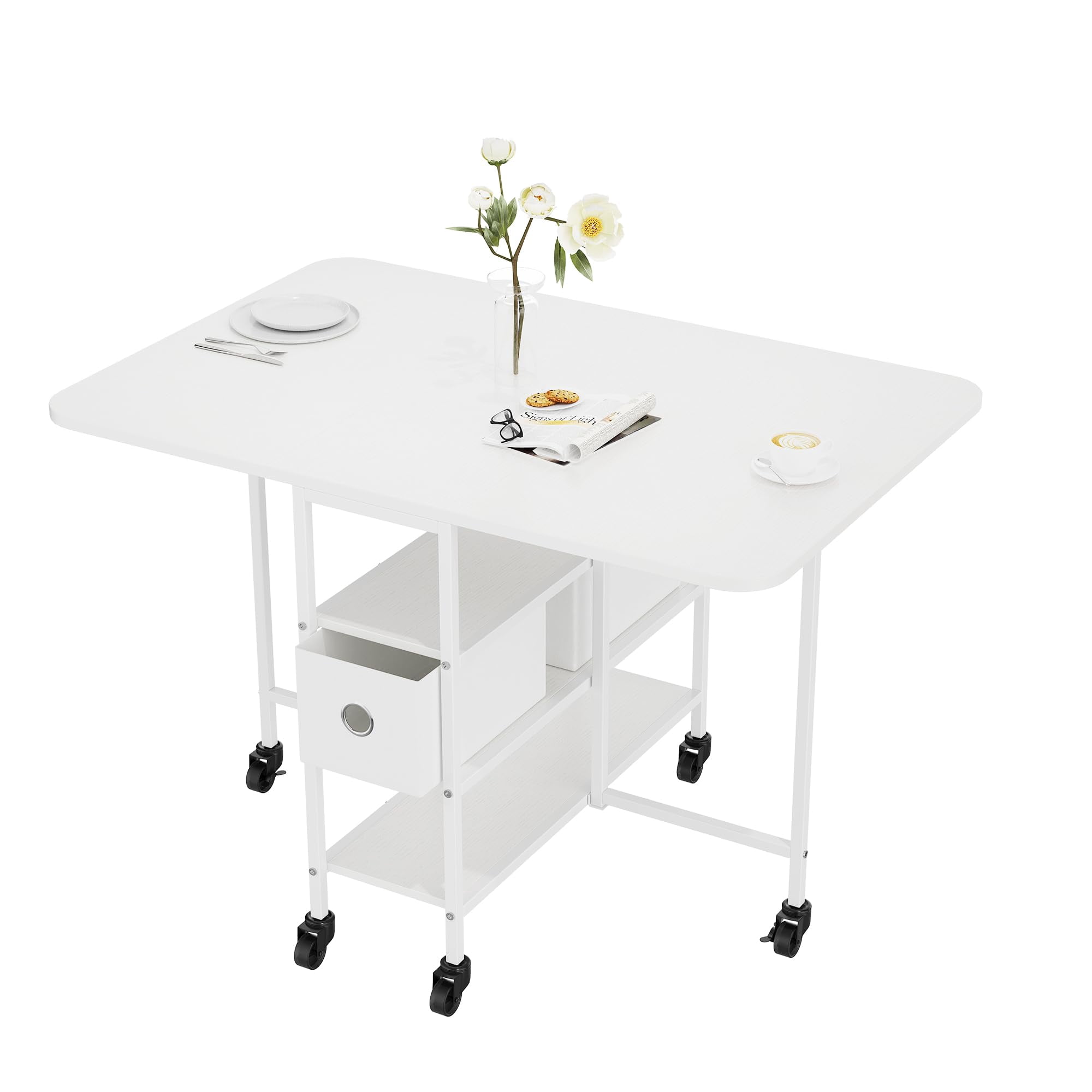 PYY Drop-Leaf Folding Dining Table/Kitchen Island Cart with 2 Storage ...