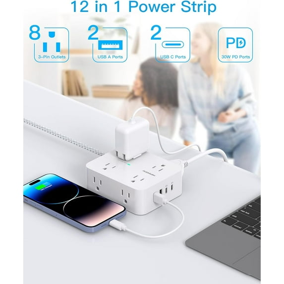 PYYAN-10 Ft Extension Cord with Multiple Outlets, Flat Plug Power Strip ...