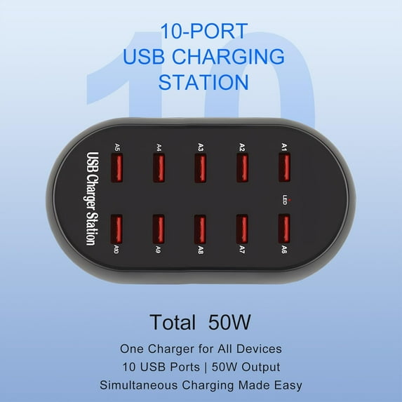PYYAN-10-Port USB Charging Station, 50W Multi-Device Charger Hub ...