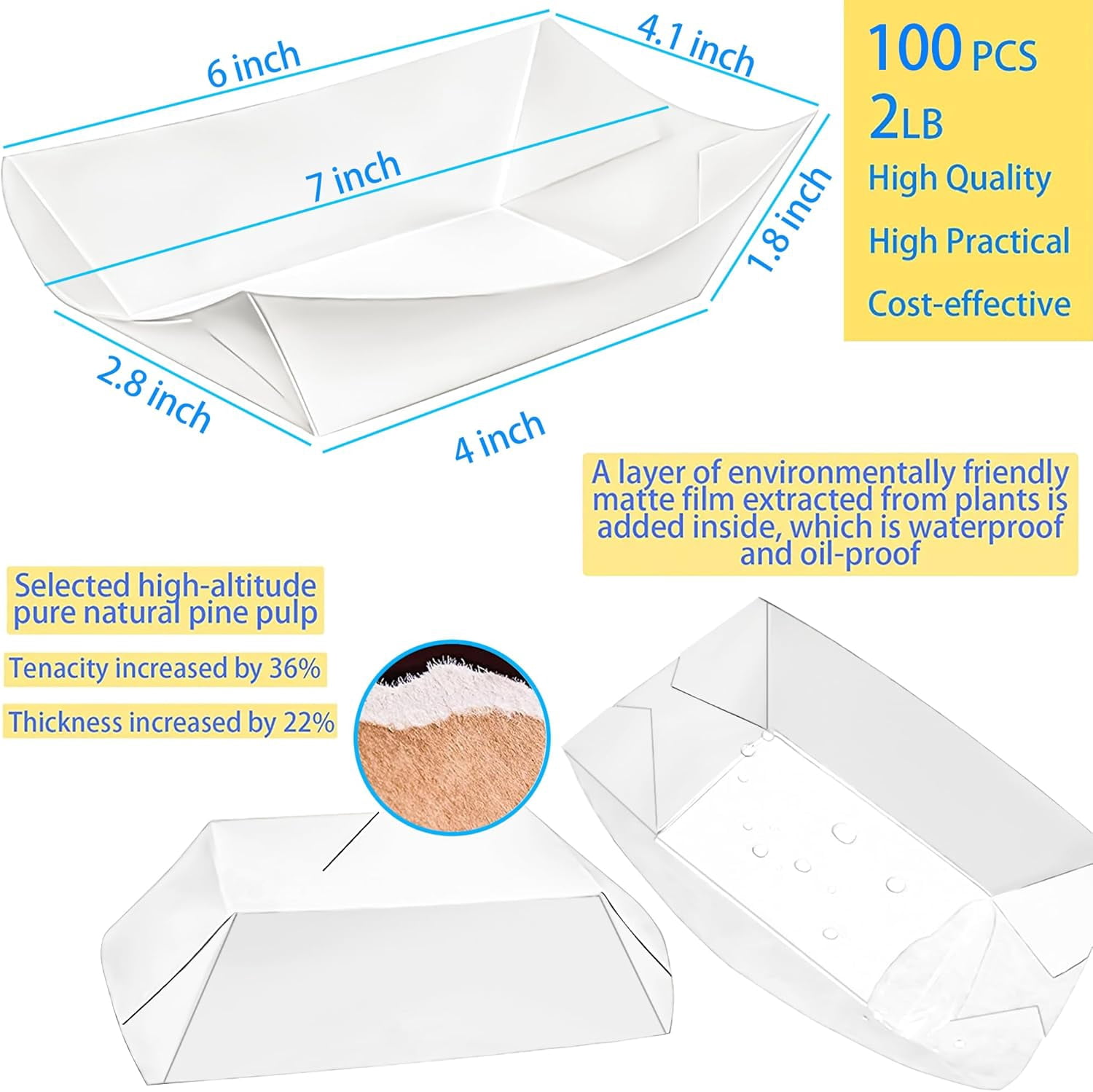 PYYAN-100 Pack 2lb Kraft Paper Food Trays, Waterproof Heavy-Duty Paper ...