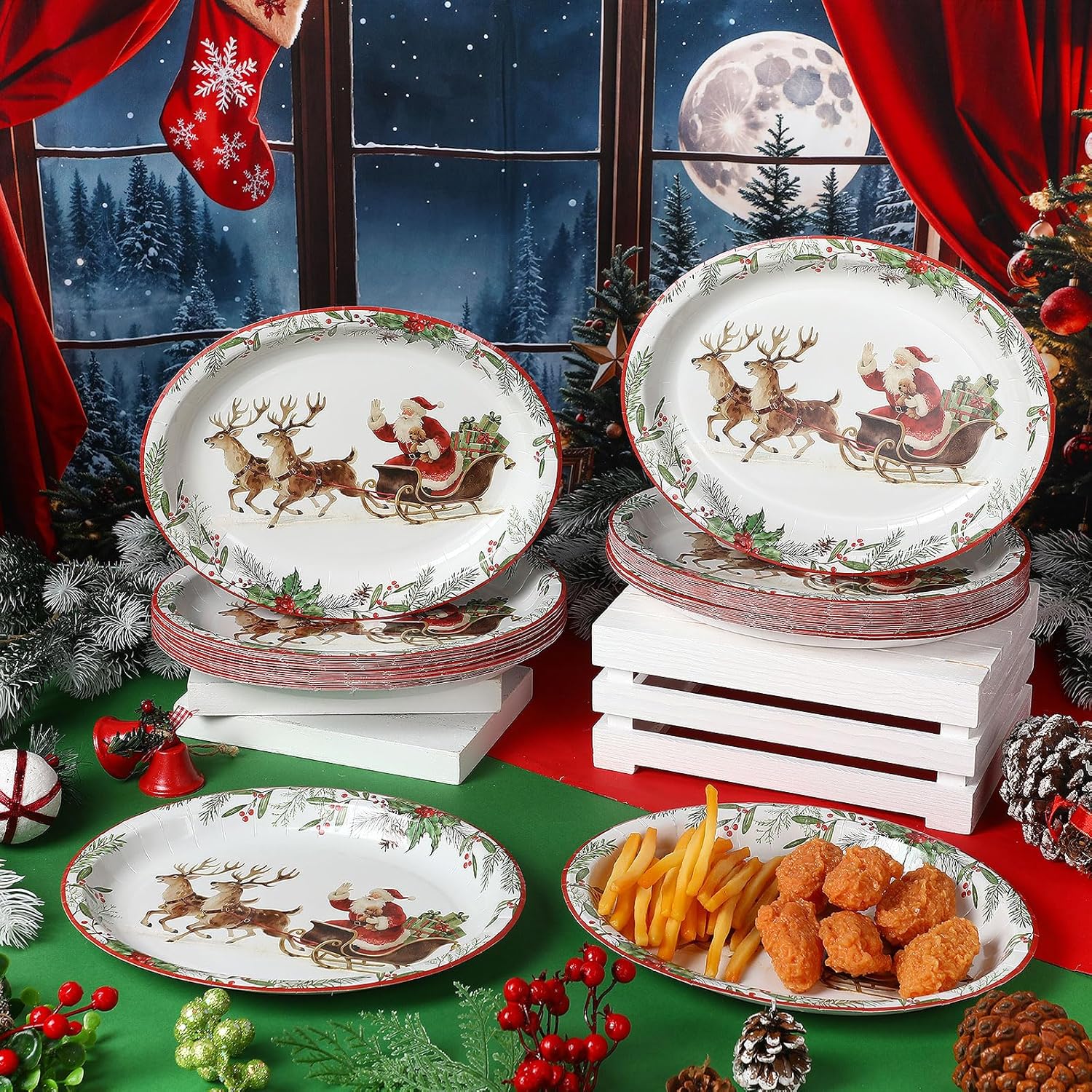 PYYAN-100 Pcs Christmas Paper Plates Bulk Santa on The Way Oval Dinner ...