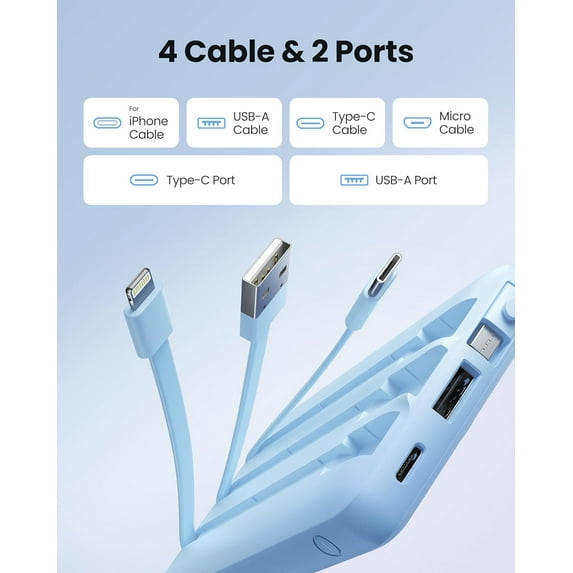 PYYAN-10000mAh Portable Charger, Slim Power Bank with Built-in Cables ...