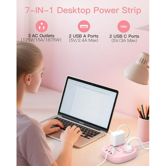 PYYAN-10Ft Flat Plug Power Strip, Pink Flat Extension Cord - 3 Outlets ...