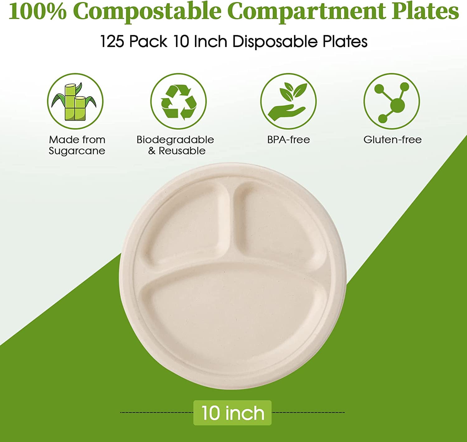 PYYAN-125 Pack 3 Compartment Plates Disposable, 10 inch Heavy-Duty ...