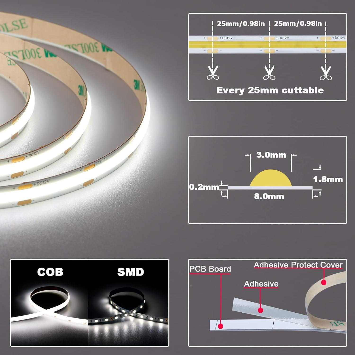 PYYAN-12V COB LED Strip 6000K Bright White 16.4ft CRI>90 Self Adhesive ...