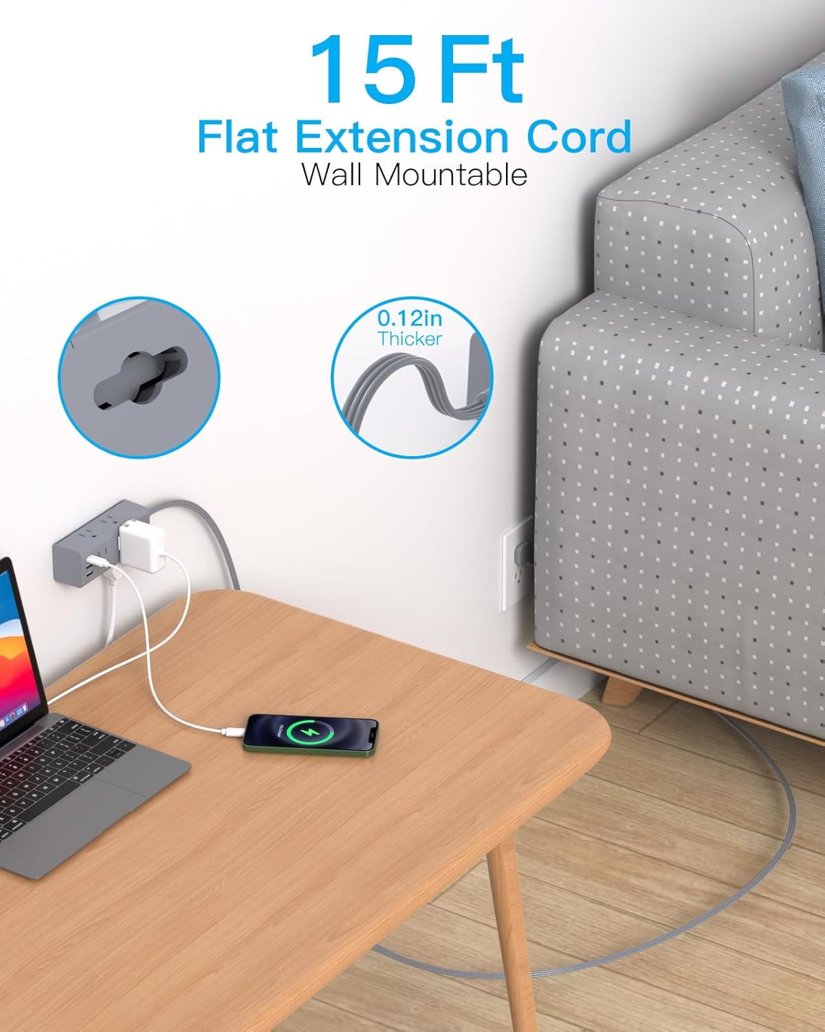 PYYAN-15Ft Extension Cord with Multiple Outlets, Flat Plug Power Strip ...