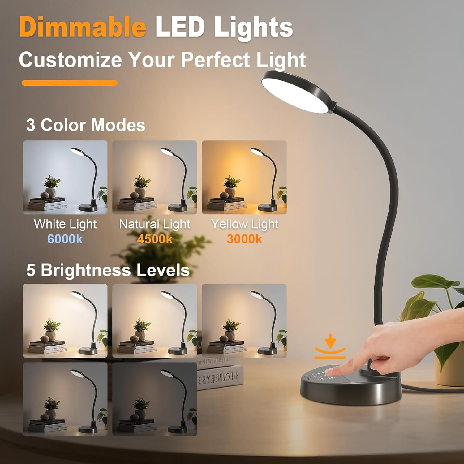 PYYAN-15W LED Desk Lamp with USB Charging Ports – Dimmable Table Lamp ...