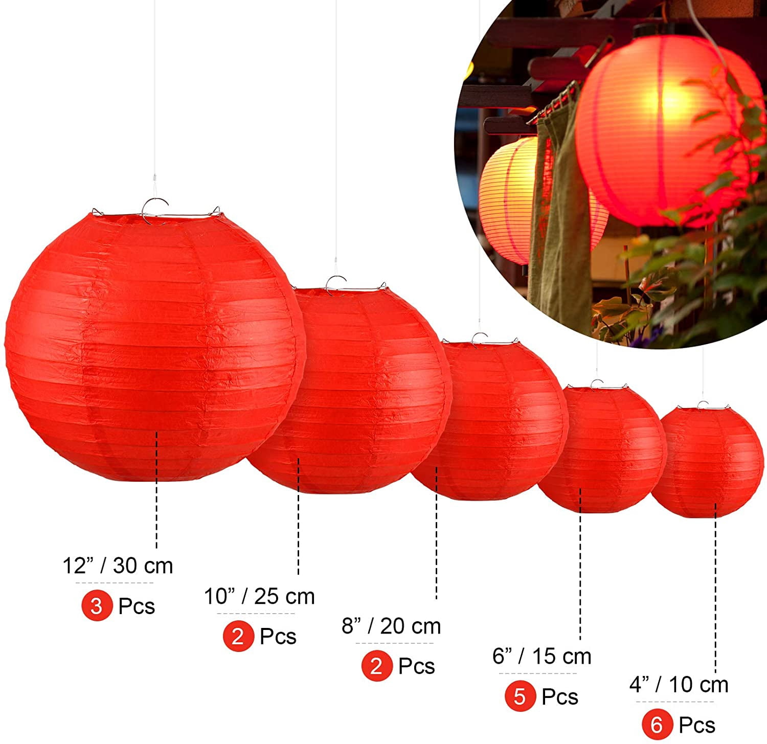 PYYAN-18 Pcs Red Paper Lanterns 4/6/8/12 Inches Chinese Japanese Round ...