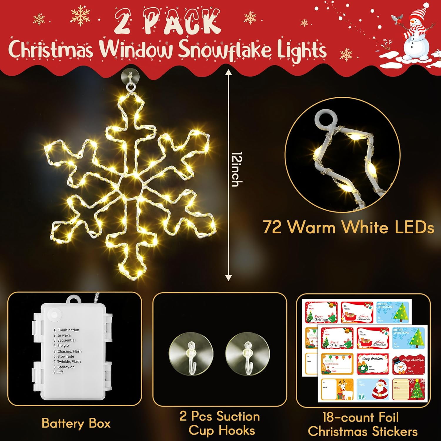 PYYAN-2 Pack Christmas Window Lights, 12 Inch Snowflake Lighted ...