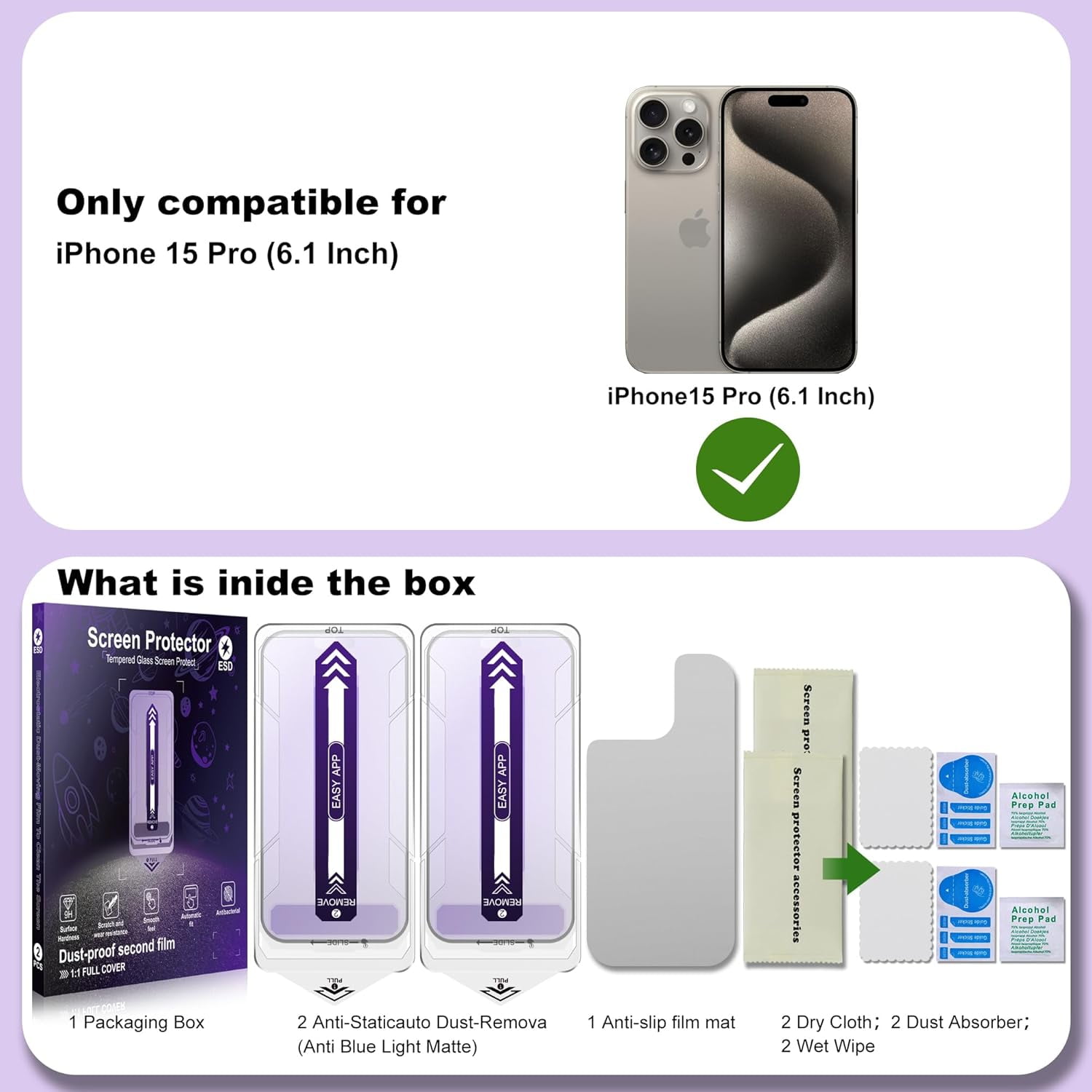 PYYAN-2-Pack Matte Screen Protector for iPhone 15 Pro, Anti-Glare, Anti ...