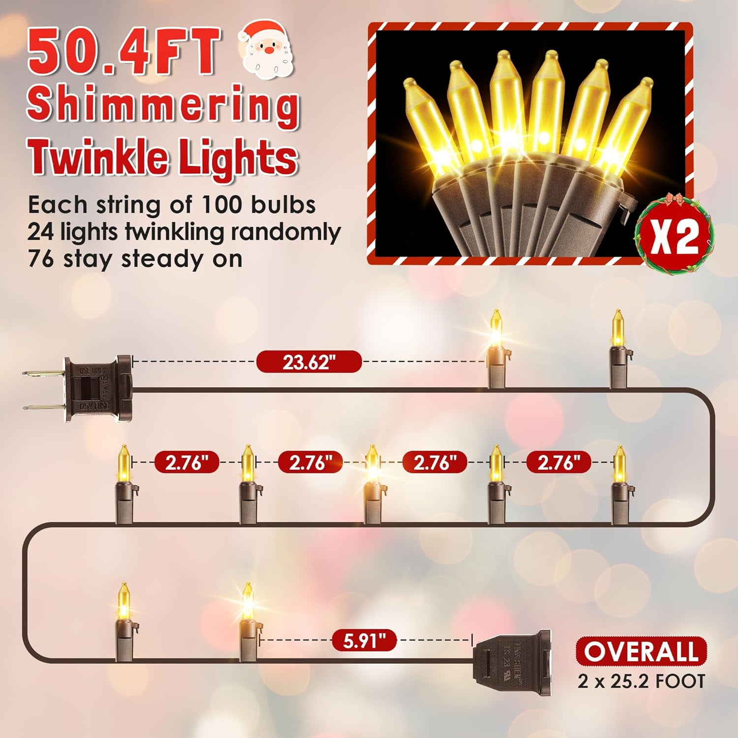 PYYAN-2 Pack Twinkle Christmas Lights, Total 50.4FT 48 of 200 Bulbs ...